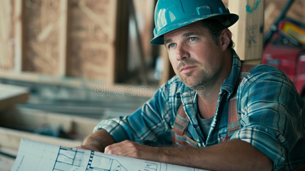 The Determined Expression on the Construction Workers Face is Matched ...