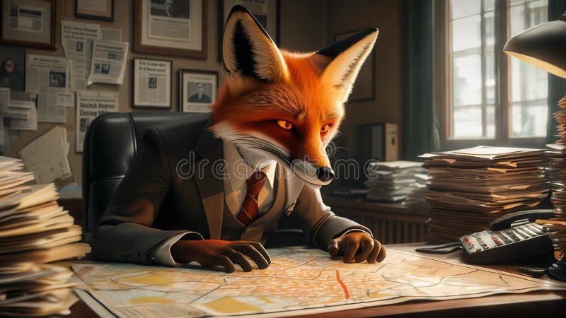 Determined Fox in a Suit Studying a Map in a Dimly Lit Detective Office ...