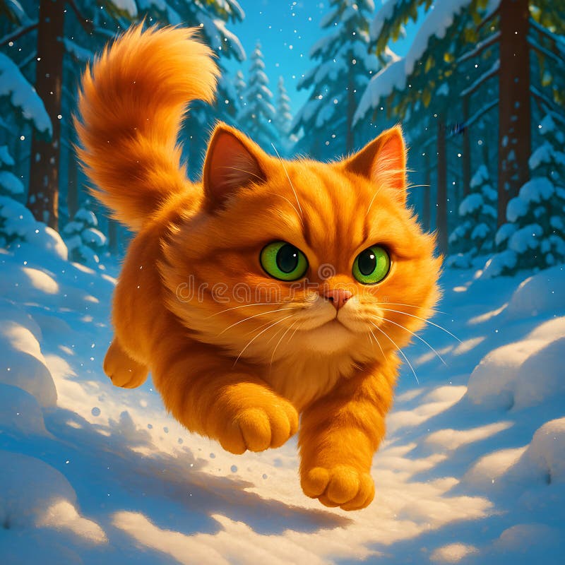 Determined Ginger Cat Running through Snowy Forest Stock Illustration - Illustration of nature ...