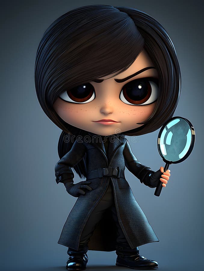 Determined Girl Detective in a Black Coat Stock Illustration ...