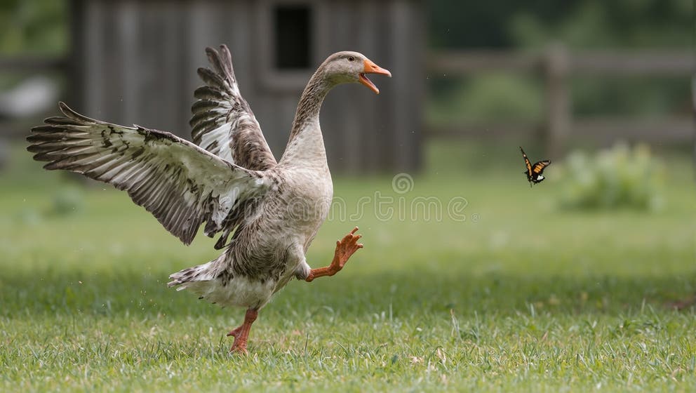 Determined Goose Chasing Butterfly in Barnyard Stock Illustration ...