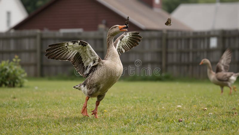 Determined Goose Chasing Butterfly in Barnyard Stock Illustration ...
