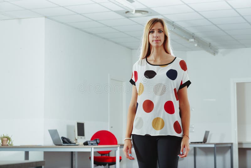 Determined Intense Businesswoman Standing Staring Down at Camera Stock ...