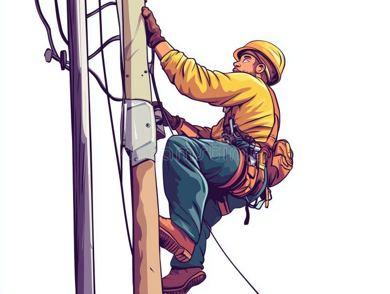 A Determined Lineman Skillfully Climbs a Utility Pole on a Bright Day ...