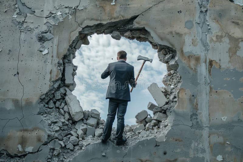 A Man in a Suit Stands with a Sledgehammer Breaking through a Concrete ...