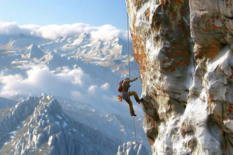 A Determined Man Climbs the Rugged Side of a Mountain, Showcasing ...