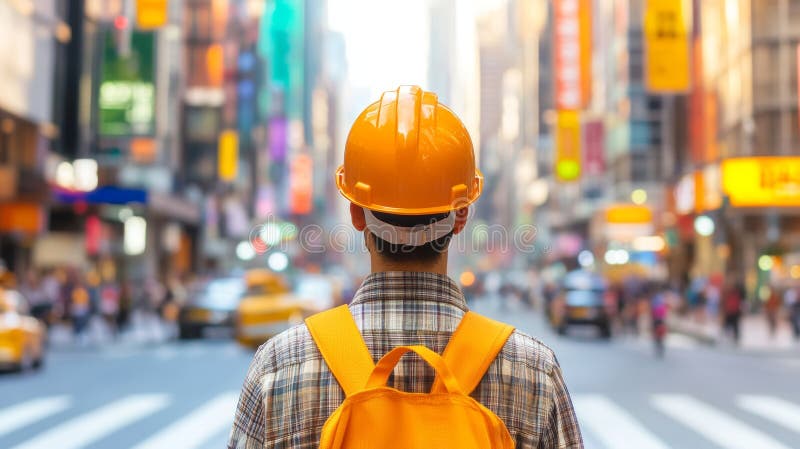 A Determined Man in a Hard Hat and Backpack, Ready for Adventure ...