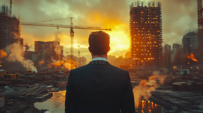 A Determined Man in a Suit Stands Confidently at a Construction Site ...