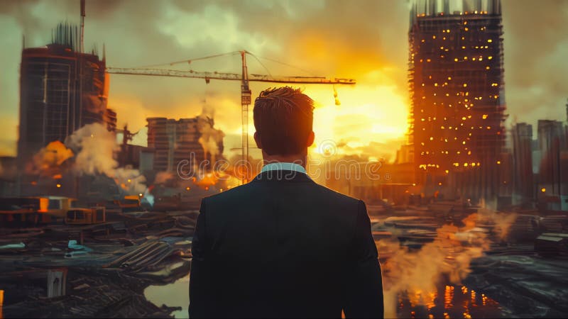 A Determined Man in a Suit Stands Confidently at a Construction Site ...