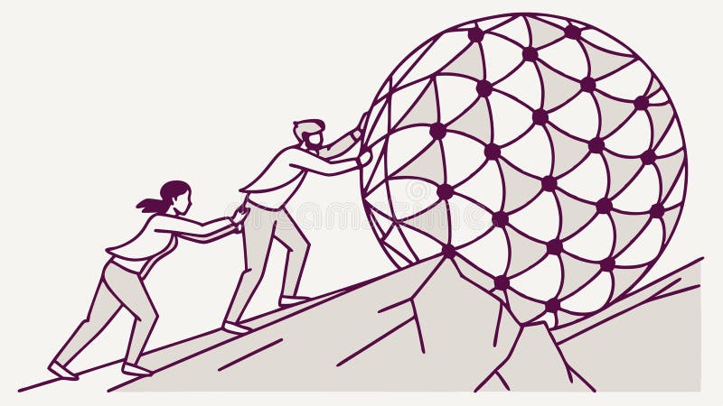 Determined People Pushing Large Sphere Uphill Challenge, Vector Design ...