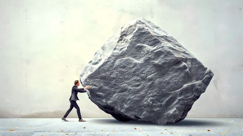 Determined Person Pushing a Massive Boulder, Showcasing Effort and ...