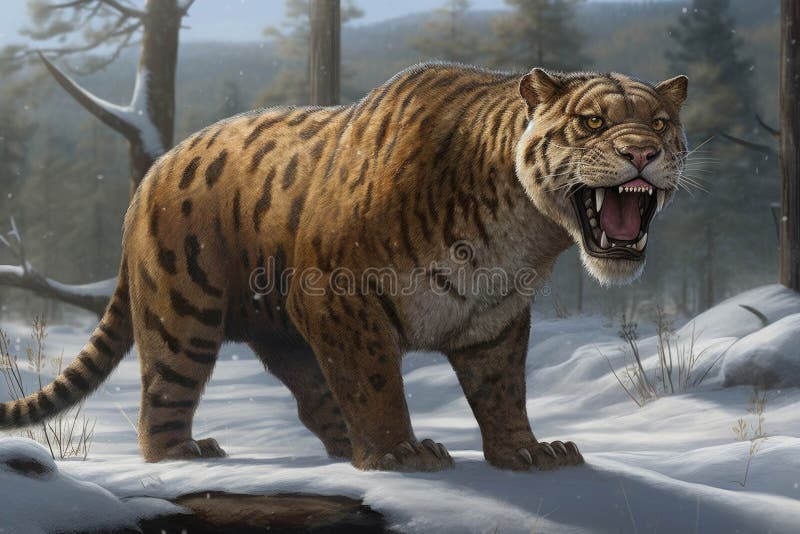 A Determined Sabertoothed Tiger Using Its Strength To Survive the ...