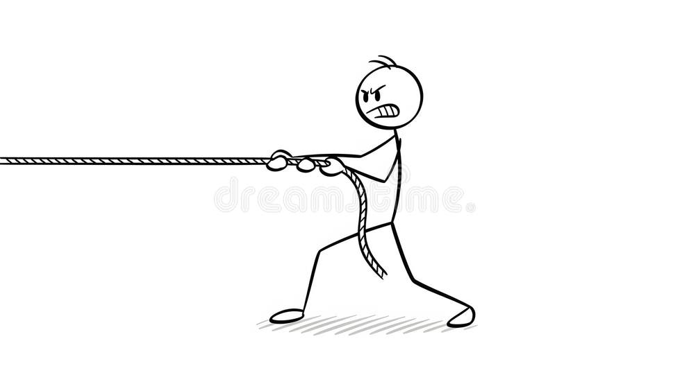 Determined Stick Figure Pulling a Rope, Illustrating Effort, Struggle ...