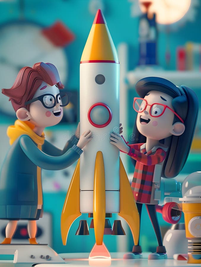 Determined Students Building a Model Rocket with Teamwork and Excitement Stock Illustration ...