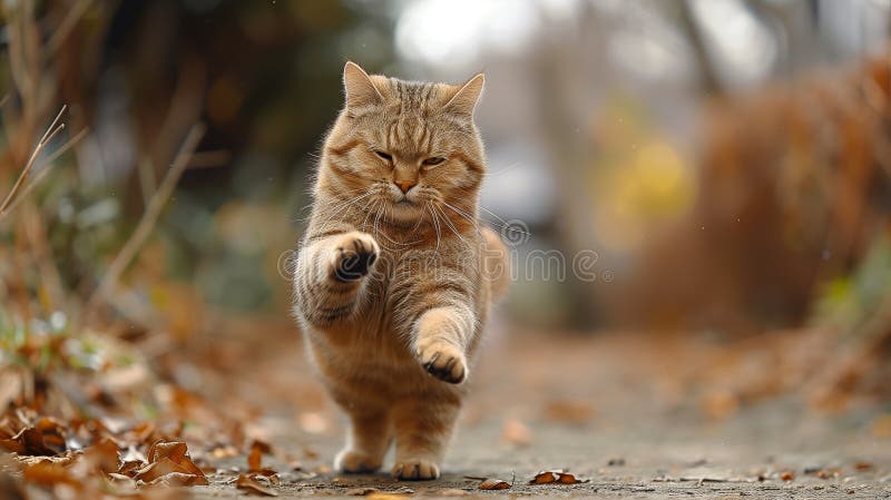 A Determined Tabby Cat Walking Confidently on a Path Lined with Fallen ...
