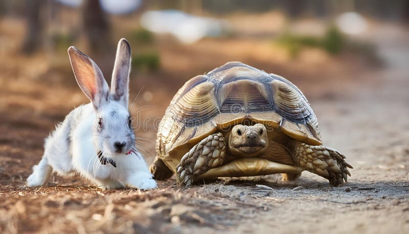 A Determined Tortoise Races a White Rabbit on a Forest Path Stock ...