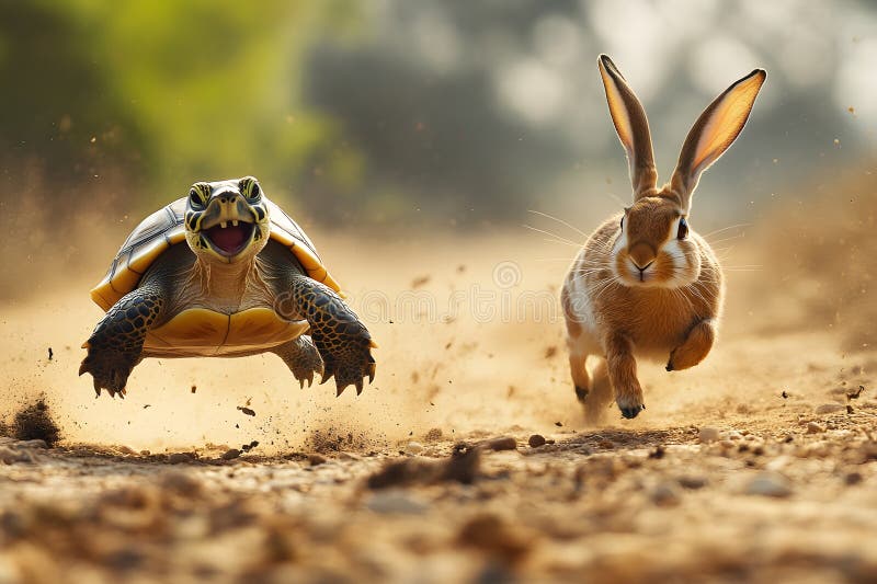 A Determined Turtle and Rabbit in a Close Race Stock Illustration ...