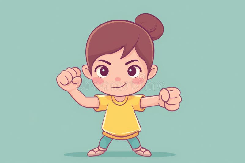 Determined Young Girl in a Yellow Shirt Striking a Fighting Pose. Stock ...