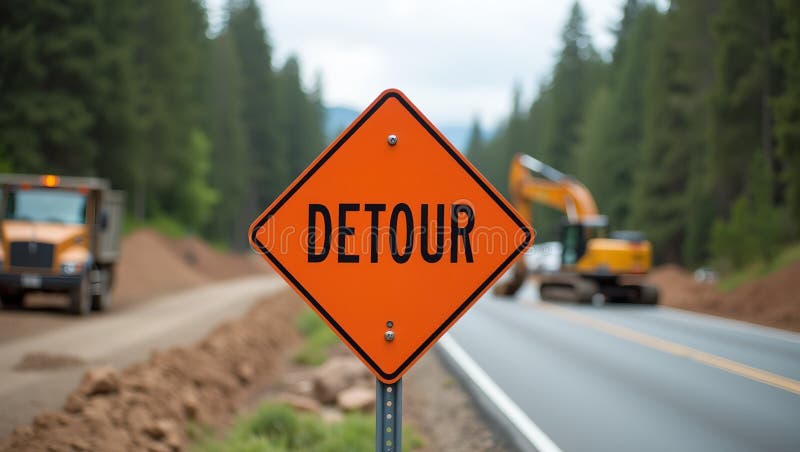 Detour Sign at Road Construction Site Stock Illustration - Illustration ...