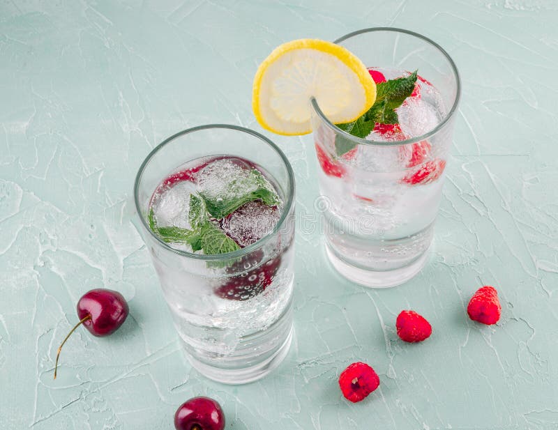 Detox Infused Flavored Water with Raspberry, Limon and Cherry Stock ...
