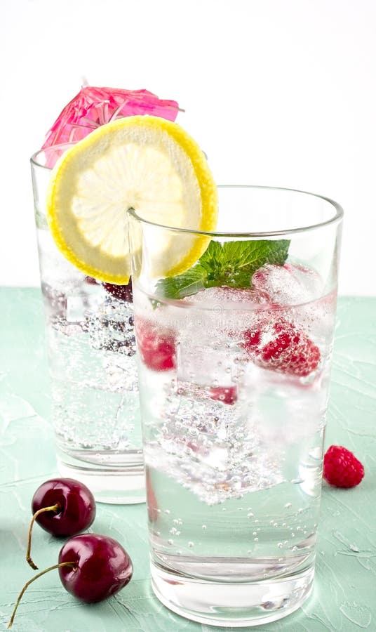Detox Infused Flavored Water with Raspberry, Limon and Cherry Stock ...