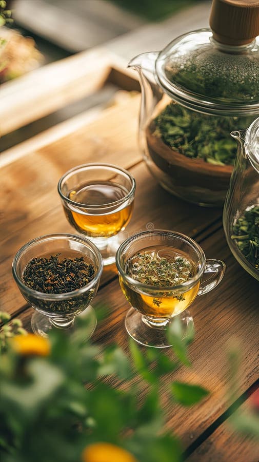 A Detox Tea Setup with Herbal Blends and Clear Glass Cups. Pic Stock ...