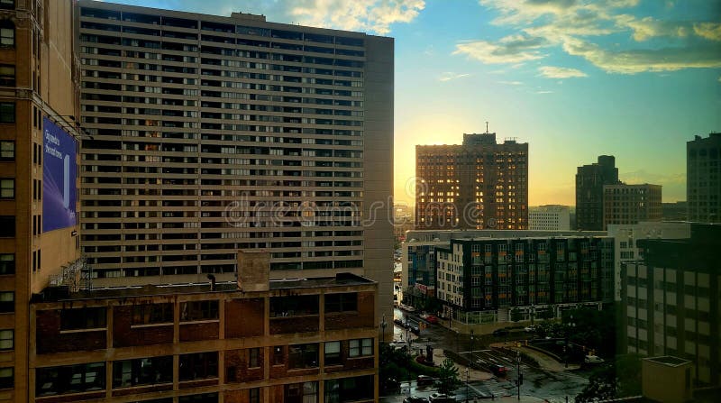 Detroit Downtown Sunset through Empty Building Editorial Photography ...