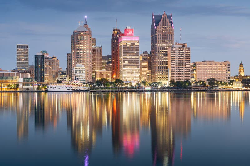 Detroit, Michigan, USA Skyline at Dawn on the Detroit River Stock Image ...