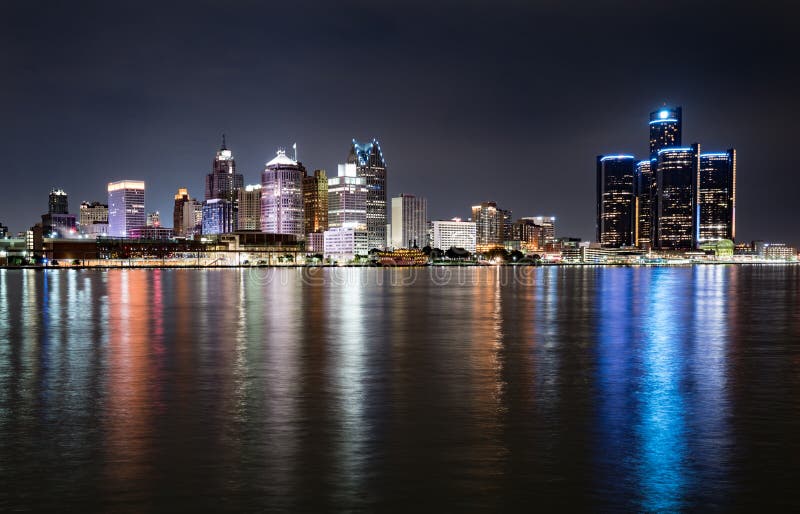Detroit Night Skyline stock image. Image of panoramic - 79119285