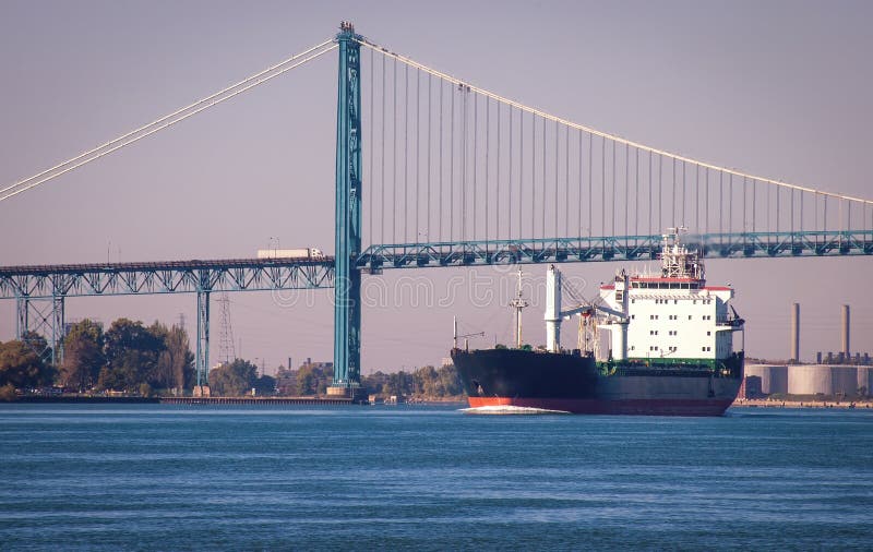 Detroit River Ship Under Bridge Summer Sky Stock Photo - Image of ...