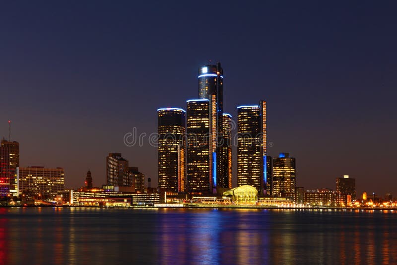 Detroit skyline at night stock photo. Image of urban, traffic - 3580028