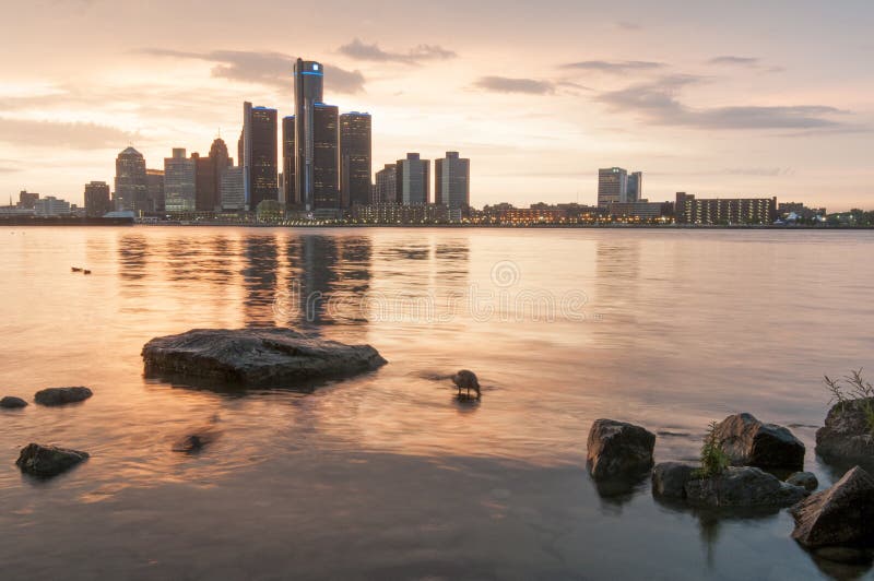 Detroit skyline sunset stock photo. Image of panoramic - 44426552