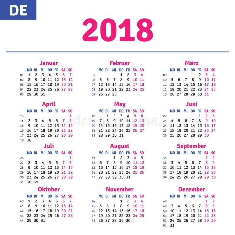 Deutscher Kalender 2018 vektor abbildung. Illustration von rasterfeld ...