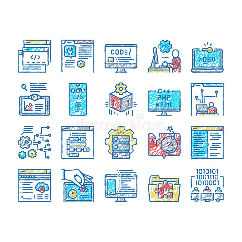Dev Code Occupation Set Icons Hand Drawn Stock Illustration - Illustration of vector, contour ...