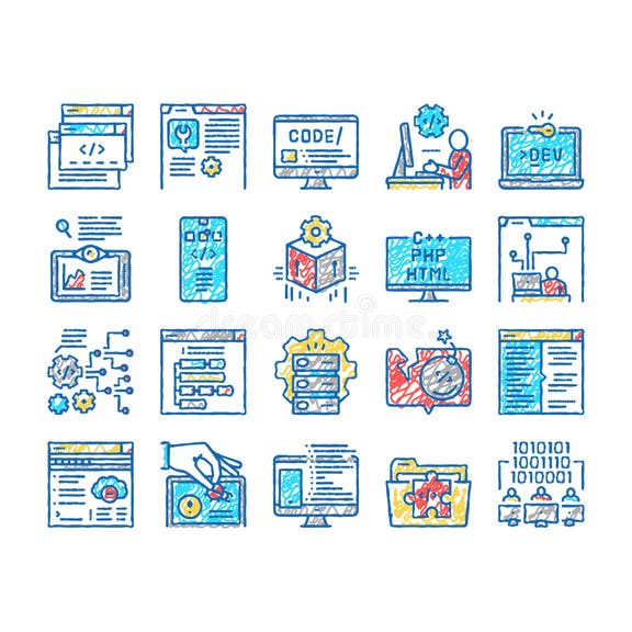 Dev Code Occupation Set Icons Hand Drawn Stock Vector - Illustration of ...