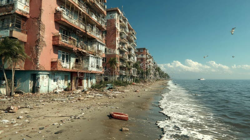 Devastated Beachfront Buildings with Visible Hurricane Damage and ...