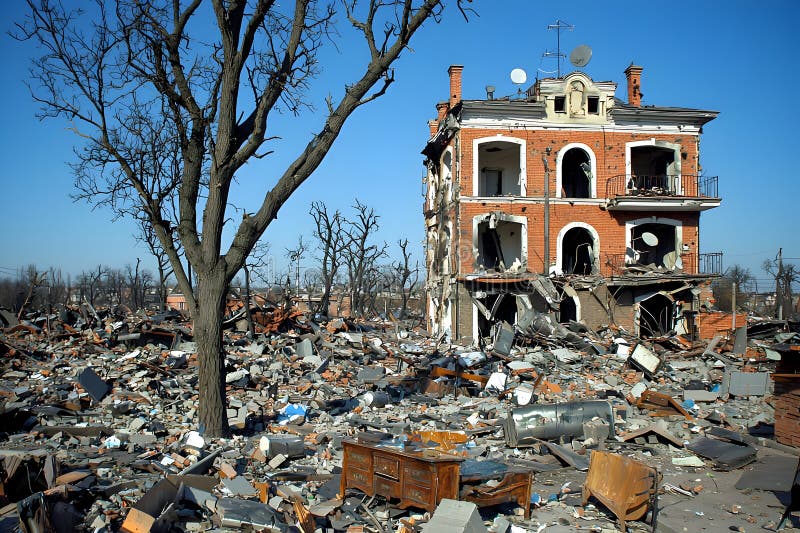 Devastated Building Amidst Rubble and Skeletal Trees Stock Illustration ...