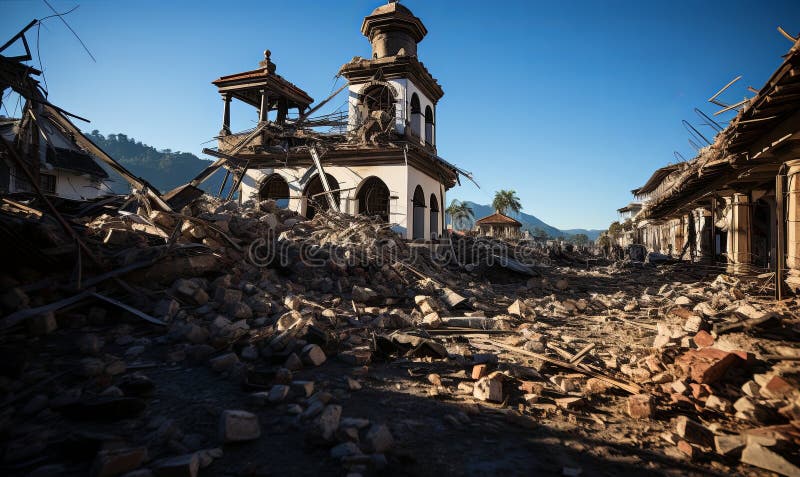 Devastated Building with Distant Clock Tower Stock Image - Image of ...
