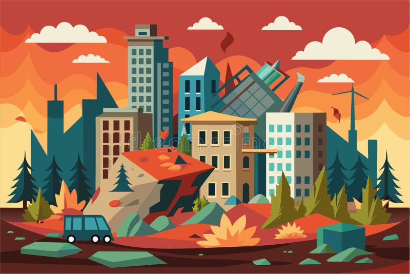 A Devastated City Skyline Shows Toppled Buildings and Scattered Debris ...