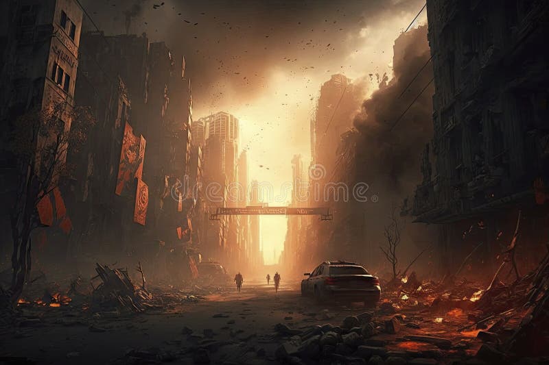 Devastated City Streets on Fire War Apocalypse Stock Illustration ...
