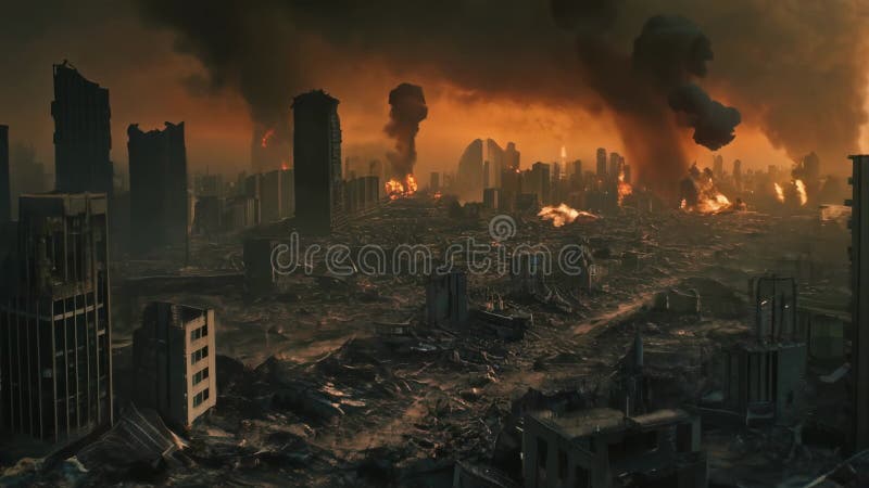 A Devastated Cityscape with Ruined Buildings and Fires Burning Amidst ...