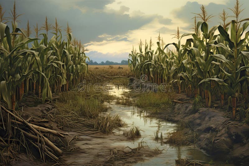 Destroyed Corn Field after a Flood, AI Generated Stock Illustration ...