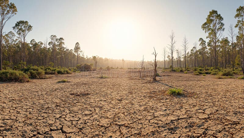 Devastated Deforested Landscape with Cracked Earth Under Scorching Sun ...