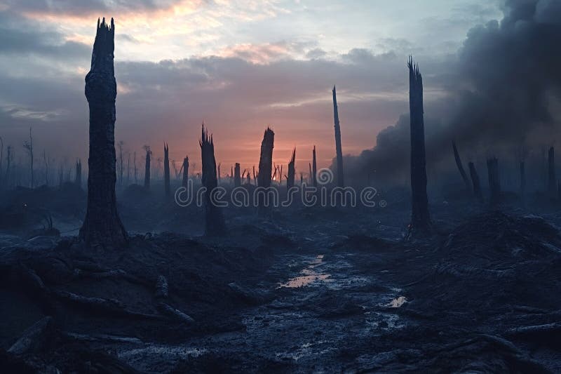 Devastated Forest Burning at Sunset after War or Wildfire Stock Photo ...