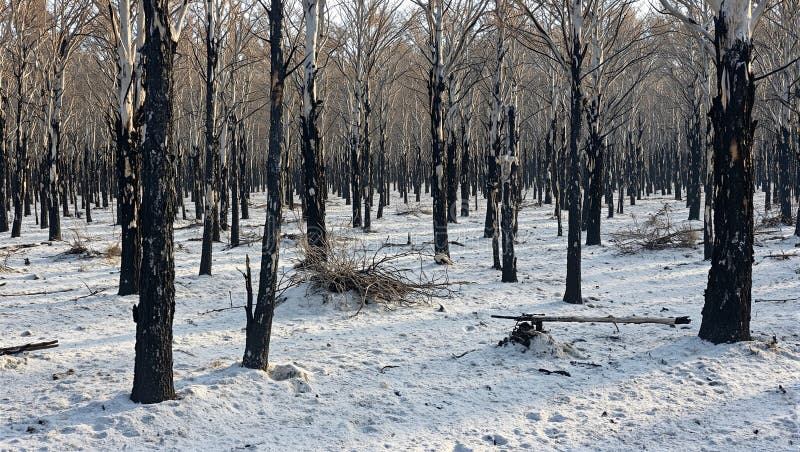 Devastated Forest with Charred Trees and Animal Tracks in Ash Stock ...
