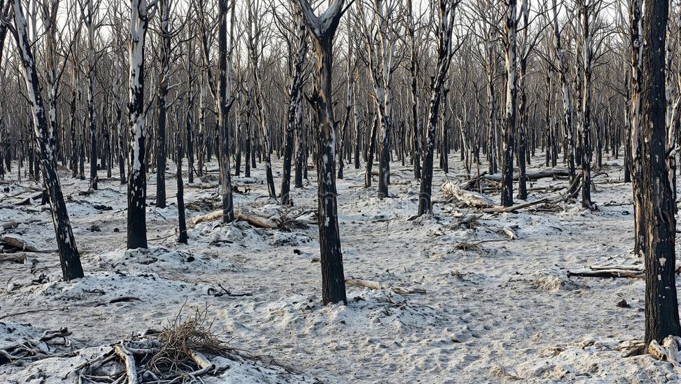 Devastated Forest with Charred Trees and Animal Tracks in Ash Stock ...