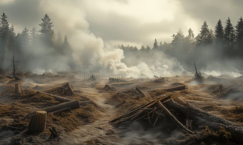 Devastated Forest Landscape Smoke Fallen Trees Deforestation Stock ...