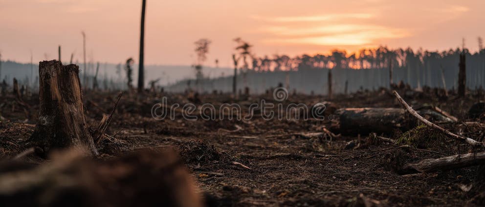 Devastated Forest Landscape with Tree Stumps at Sunset Concept of ...