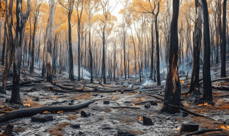 Devastated Forest Landscape after Wildfire, Charred Trees, Smoke, Ash ...