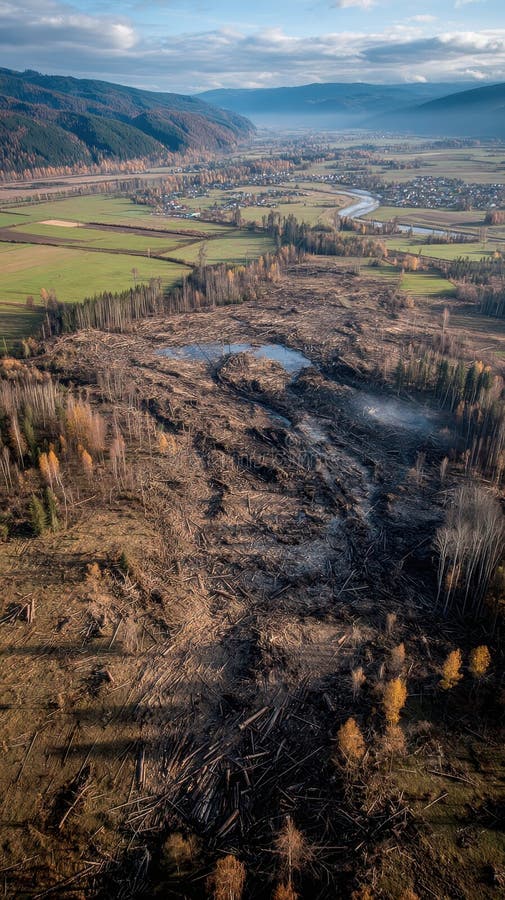 Devastated Forest Shows Deforestation. Mountains and Blue Skies ...